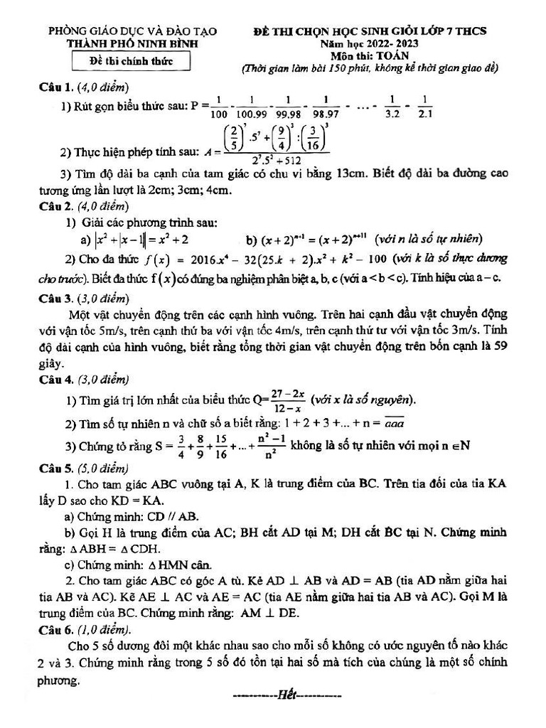 De Hoc Sinh Gioi Toan 7 Nam 2022 2023 Phong GDDT Thanh Pho Ninh Binh | PDF