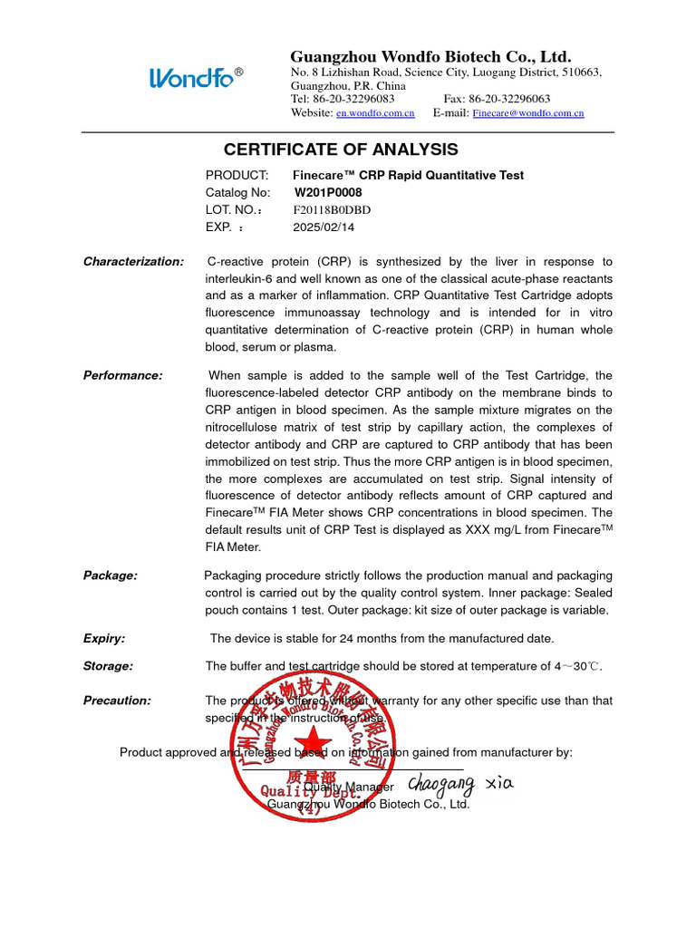 CRP Rapid Quantitative Test COA - F20118B0DBD | PDF | C Reactive ...