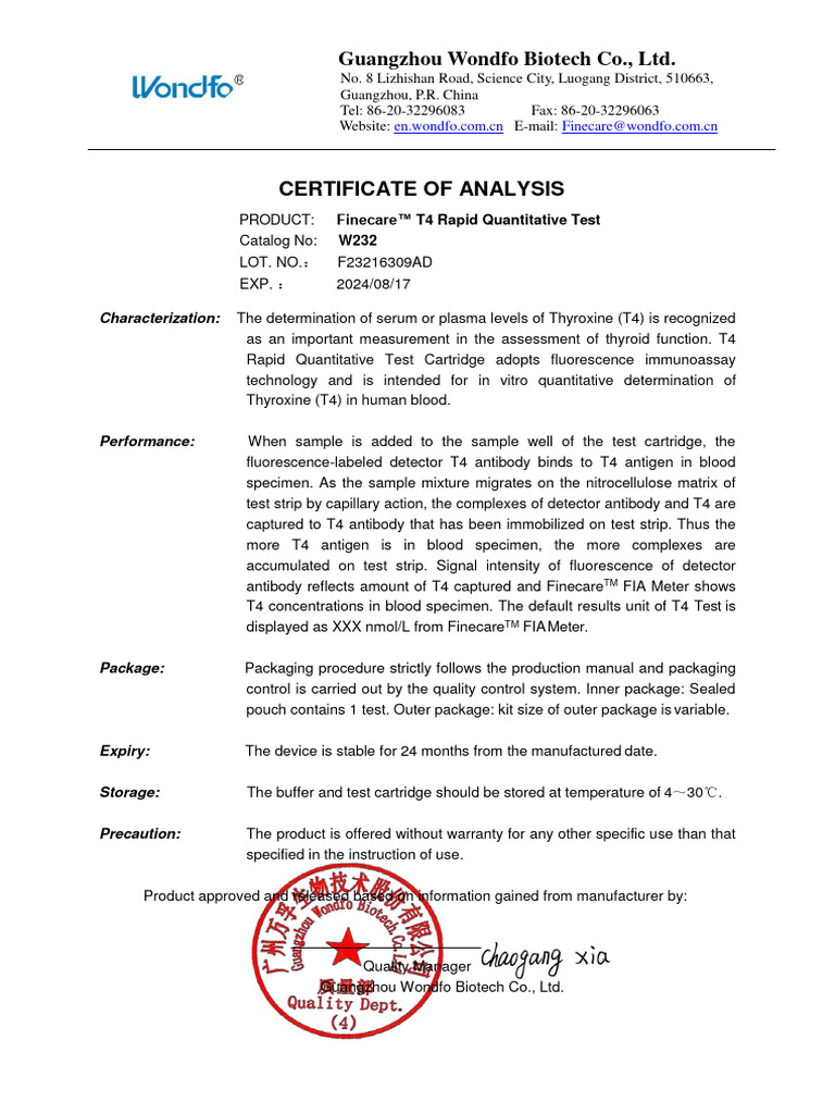 T4 Rapid Quantitative Test COA - F23216309AD | PDF | Antibody | Immunoassay