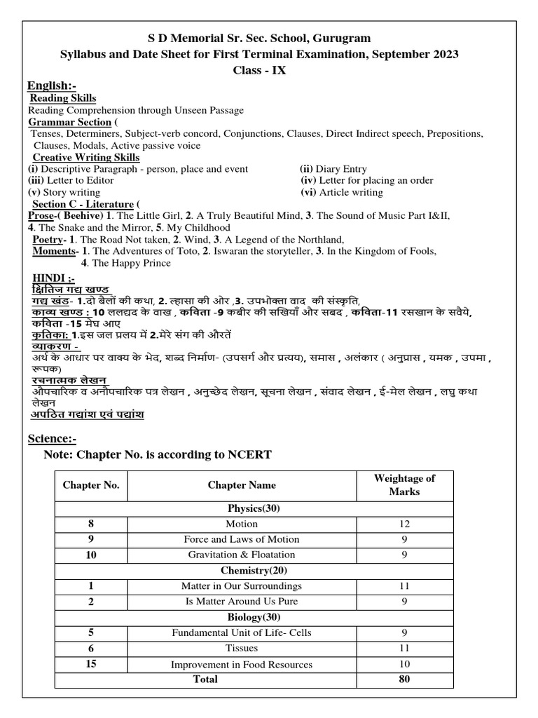 IX - First - Term - Syllabus & Datesheet | PDF