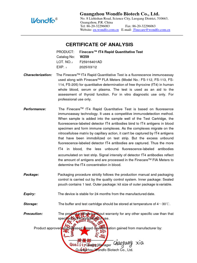 FT4 Rapid Quantitative Test COA - F25916401AD | PDF | Immunoassay ...
