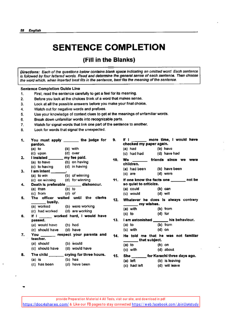 Sentence Completion MCQs | PDF