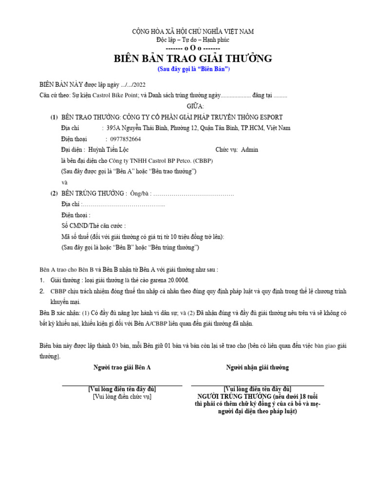Bien Ban Trao Giai Thuong Castrol Bike Point (Thẻ Cào 20k) | PDF