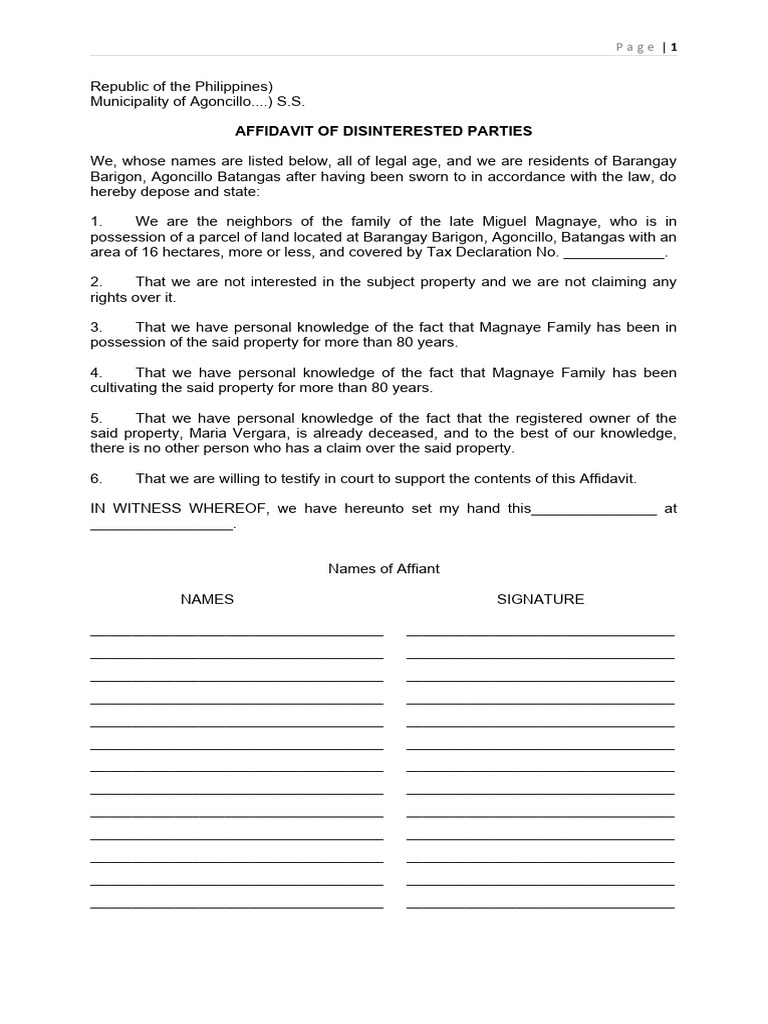 Affidavit of Disinterested Parties | PDF | Affidavit | Document