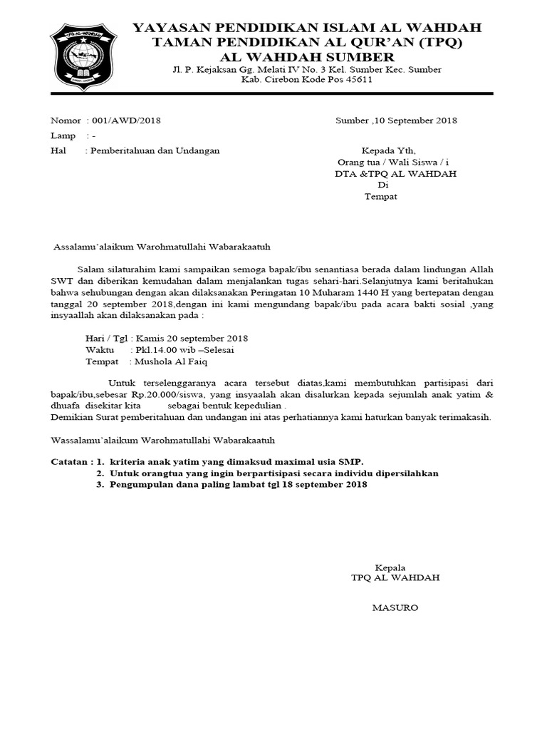 Pemberitahuan Dan Undangan TPQ&DTA | PDF