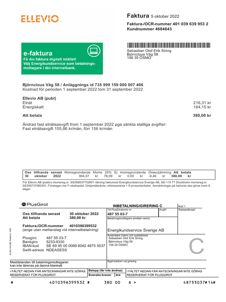 Faktura: Björnclous Väg 58 / Anläggnings Id 735 999 159 000 007 406 Ellevio AB (Publ) | PDF