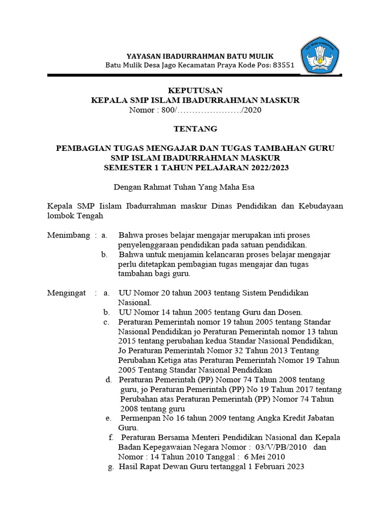 SK Pembagian Tugas Guru SMP | PDF