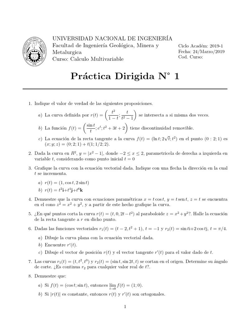 Practica Dirigida 1 Calculo | PDF | Vector Euclidiano | Velocidad