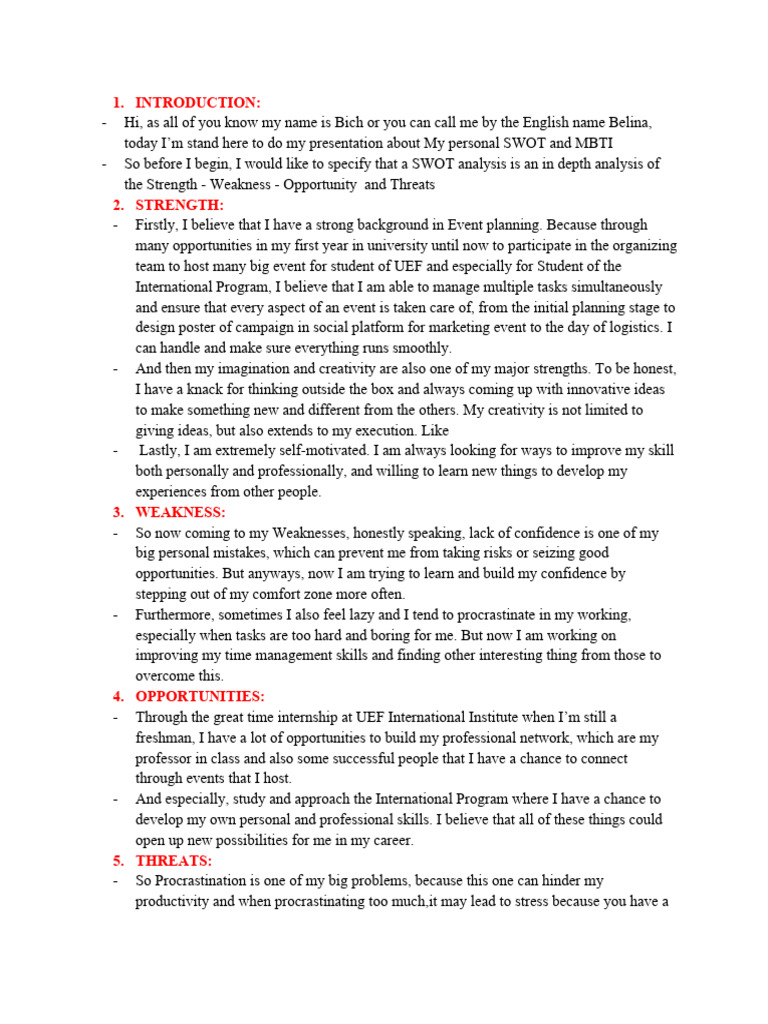 13 - 10personal Swot - Mbti | PDF | Swot Analysis | Extraversion And ...