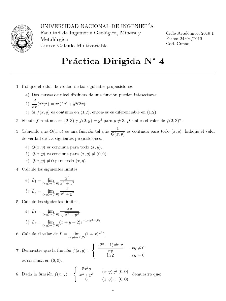 PR Actica Dirigida N ° 4 | PDF | Álgebra | Calculo diferencial