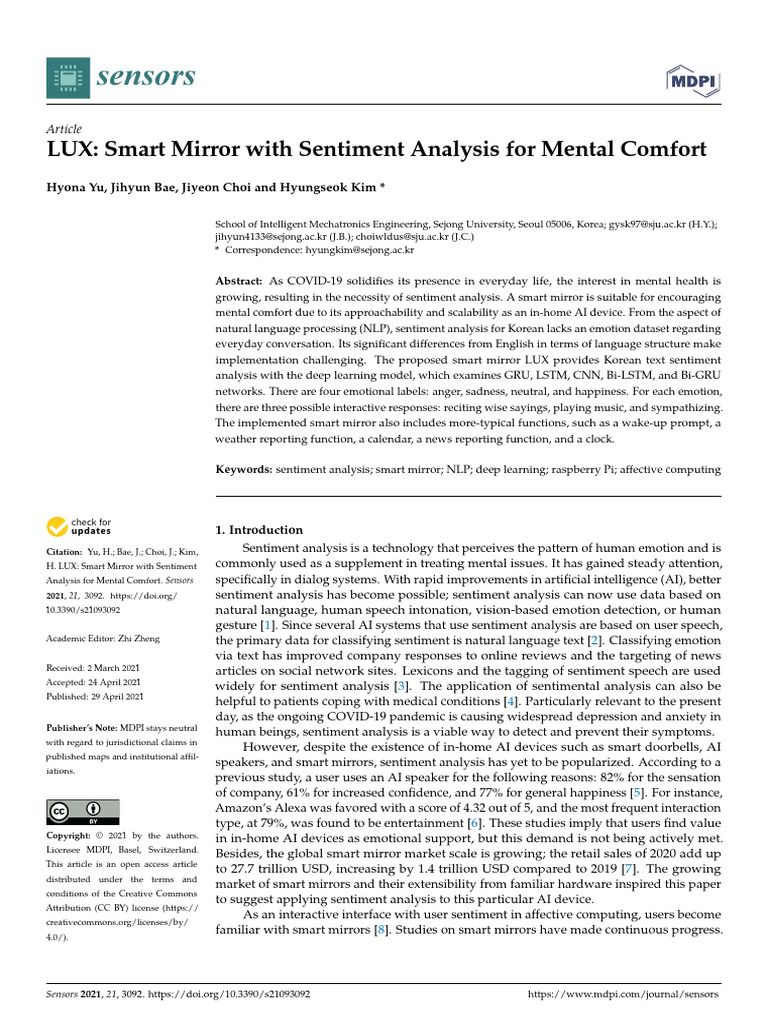 Smart Mirror With Sentiment Analysis For Mental Comfort | PDF | Deep Learning | Artificial ...
