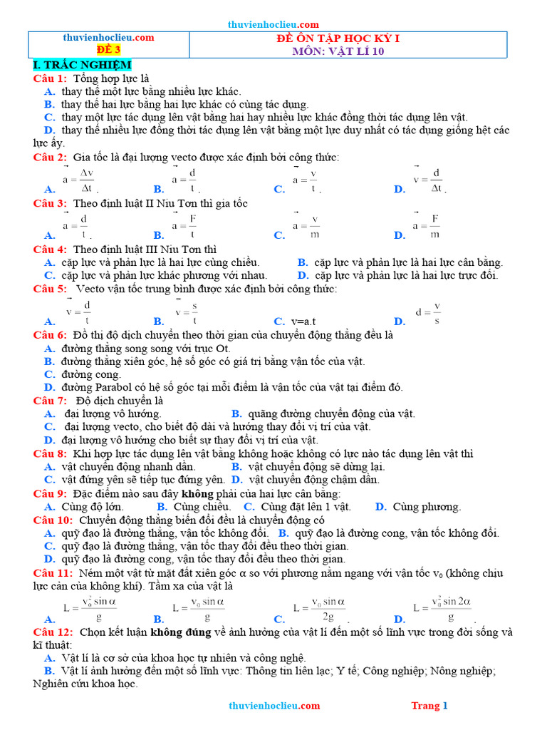 De On Tap HK1 Vat Li 10 de 3 | PDF