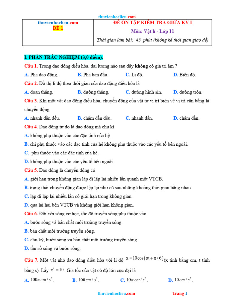 Bo de On Tap Giua HK1 Vat Li 11 KNTT | PDF