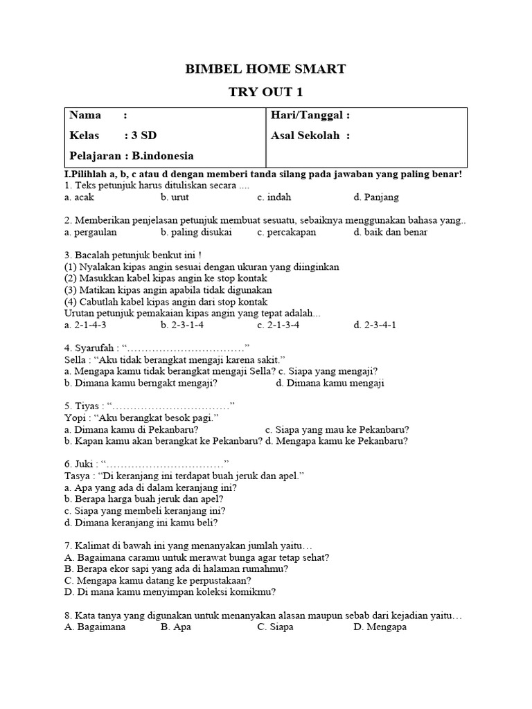 Soal Try Out B. Indonesia Kelas 3 SD | PDF | Fiksi Umum