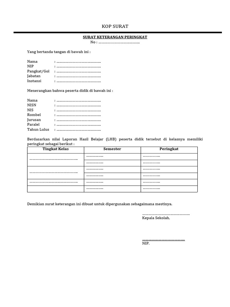 Contoh Surat Keterangan Peringkat | PDF