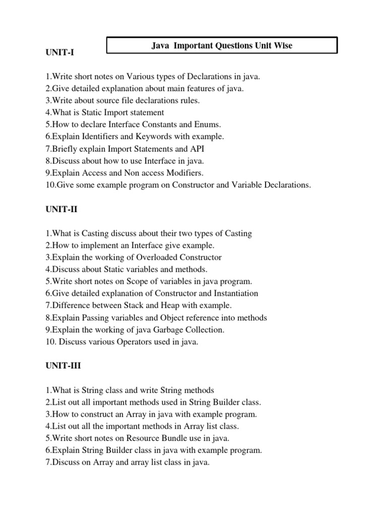 Java Important Questions Unit Wise | PDF | Java (Programming Language ... Java Important Questions Unit Wise | PDF | Java (Programming Language ...