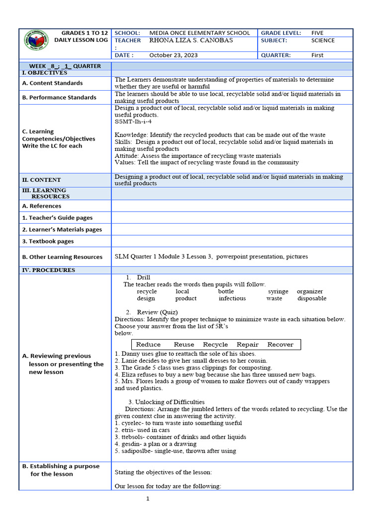 DLL Cot Science Q1 W8 | PDF | Recycling | Waste
