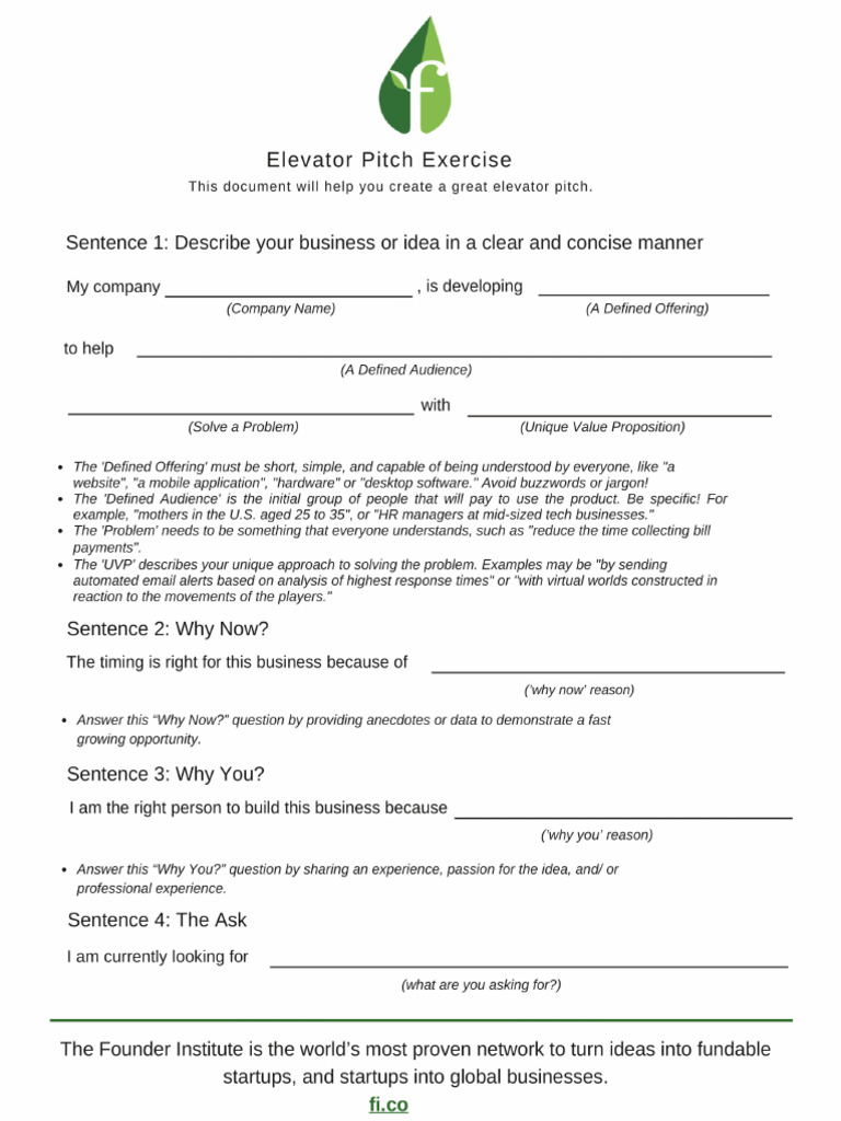 Elevator Pitch Worksheet | PDF