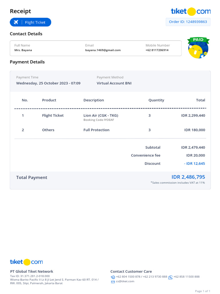 Receipt CGK-TKG | PDF