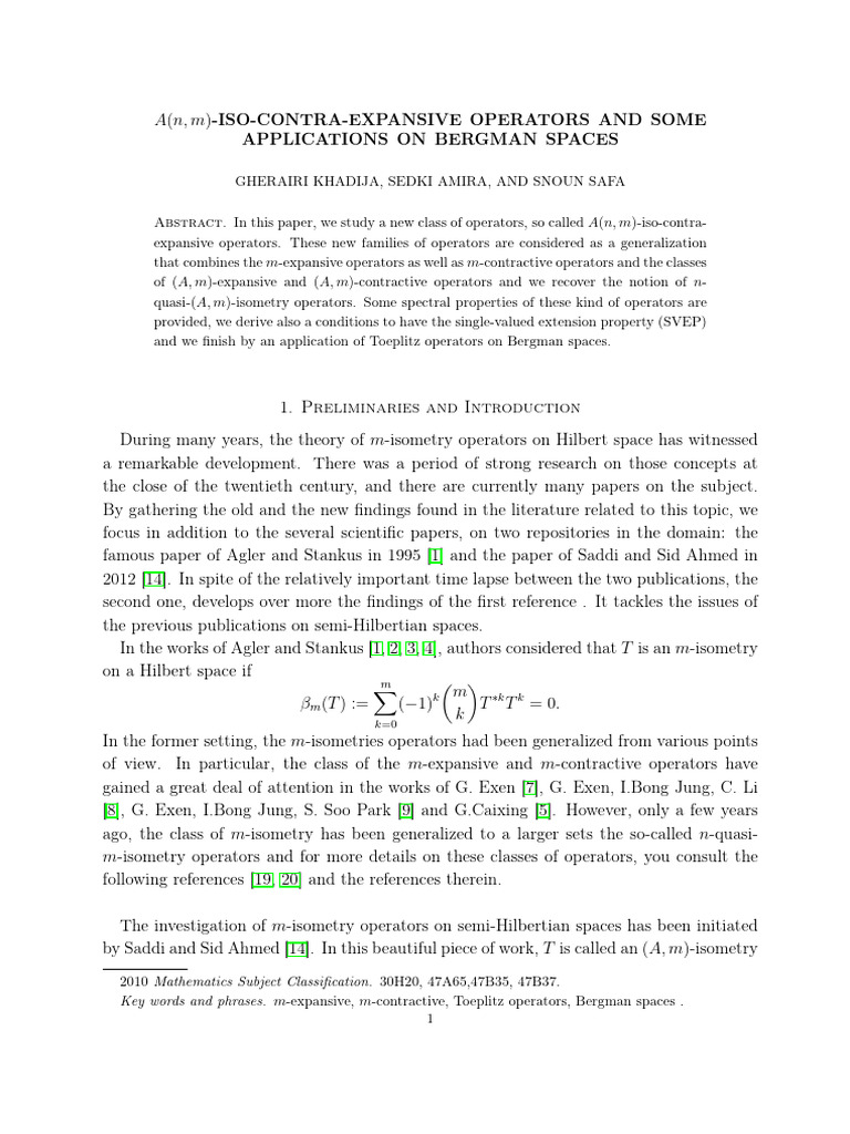 A N M Iso Contra Expansive Operators and Some Applications On Bergman Spaces | PDF | Theorem ...