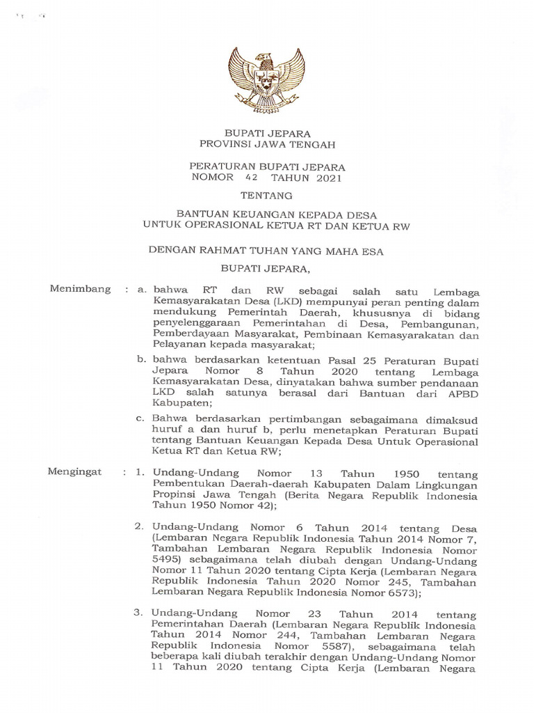 Peraturan Bupati Nomor 42 Tahun 2021 Tentang Bantuan Keuangan Kepada ...