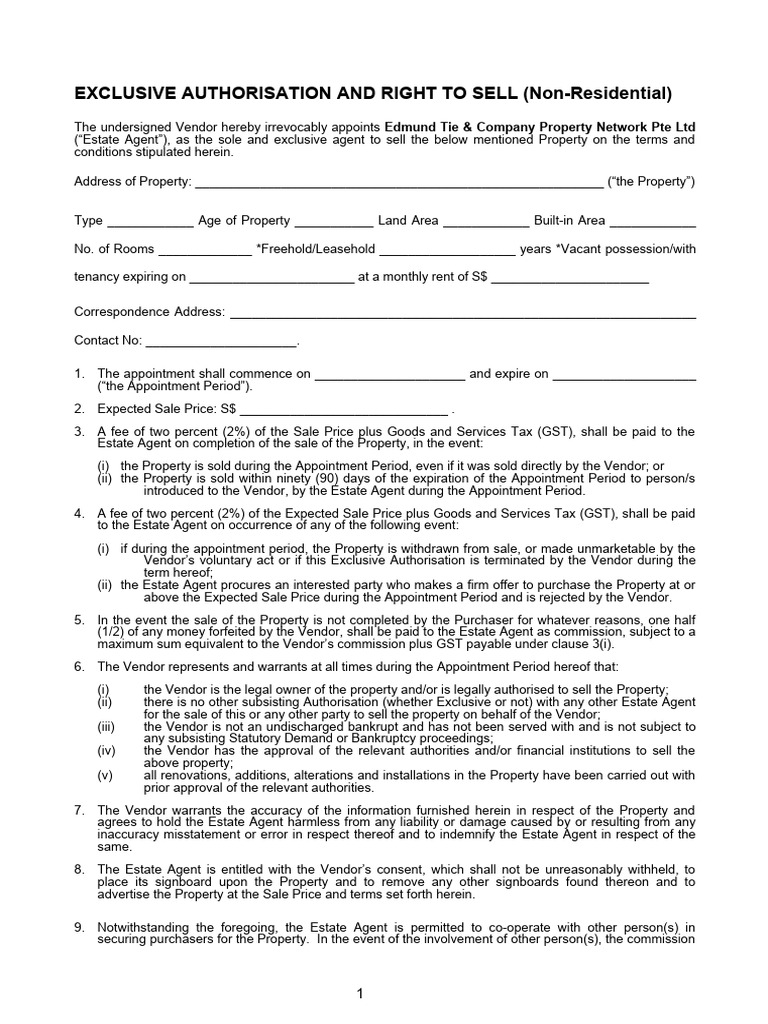 EXCLUSIVE AUTHORISATION AND RIGHT TO SELL Non-Residential | Download ... EXCLUSIVE AUTHORISATION AND RIGHT TO SELL Non-Residential | Download ...