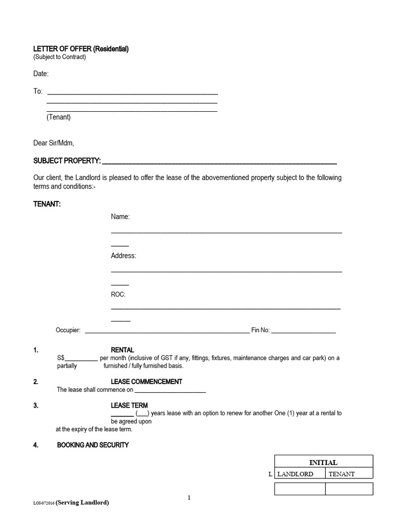 LETTER OF OFFER - RESIDENTIAL Serving Landlord Direct Tenant | PDF ...