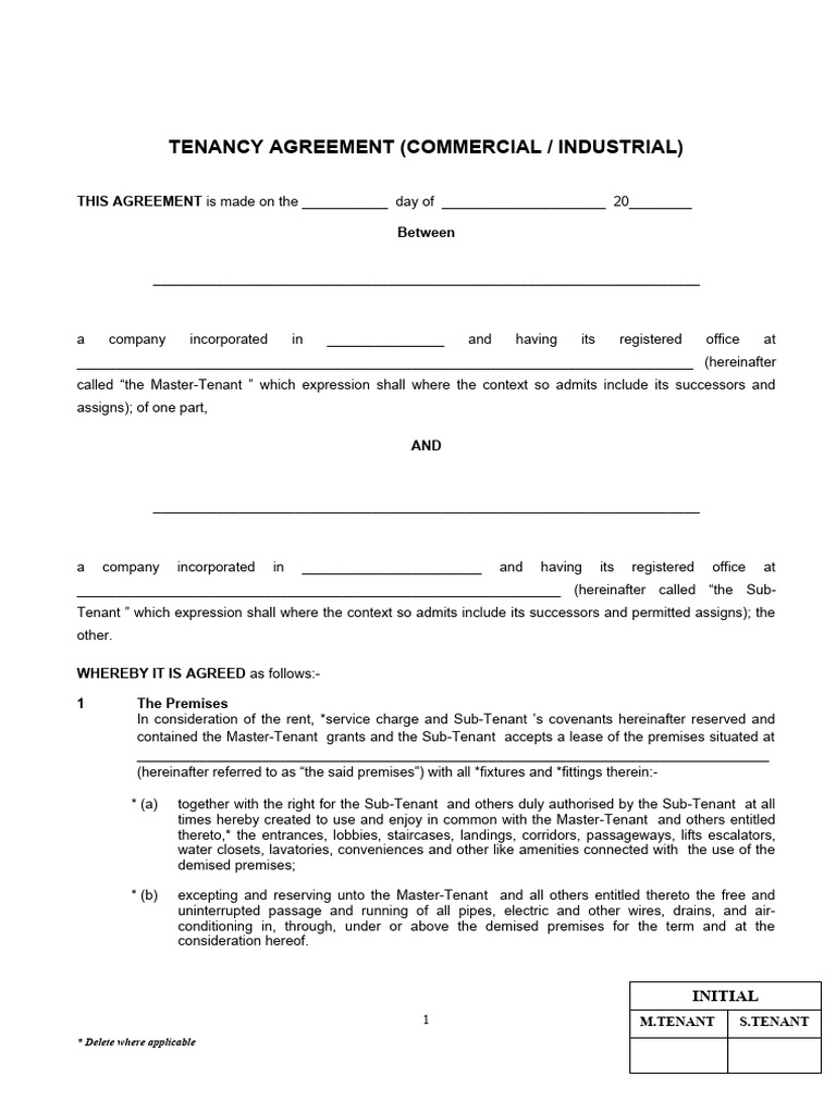 Sub Tenancy Agreement - Commercial and Industrial | PDF | Lease ...