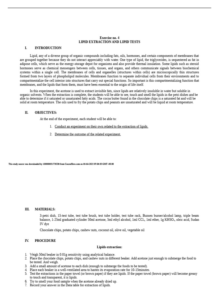 Exp. 4 Lipid Extraction and Lipid Tests - Docx | PDF | Cell Membrane | Fat Exp. 4 Lipid Extraction and Lipid Tests - Docx | PDF | Cell Membrane | Fat