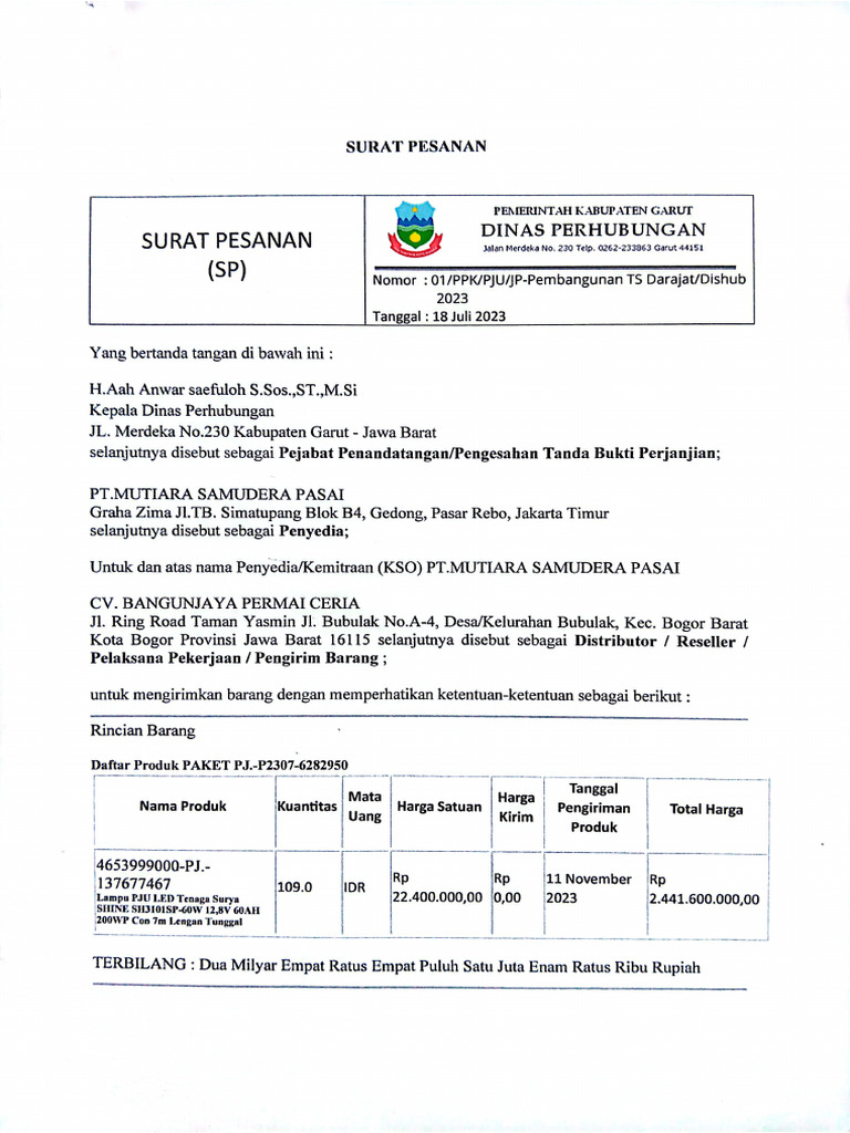 01-Ppk-Pju-Jp-Pembangunan Ts Darajat Pasirwangi-Dishub 2023 Cv. Bangun Jaya Permai Ceria | PDF