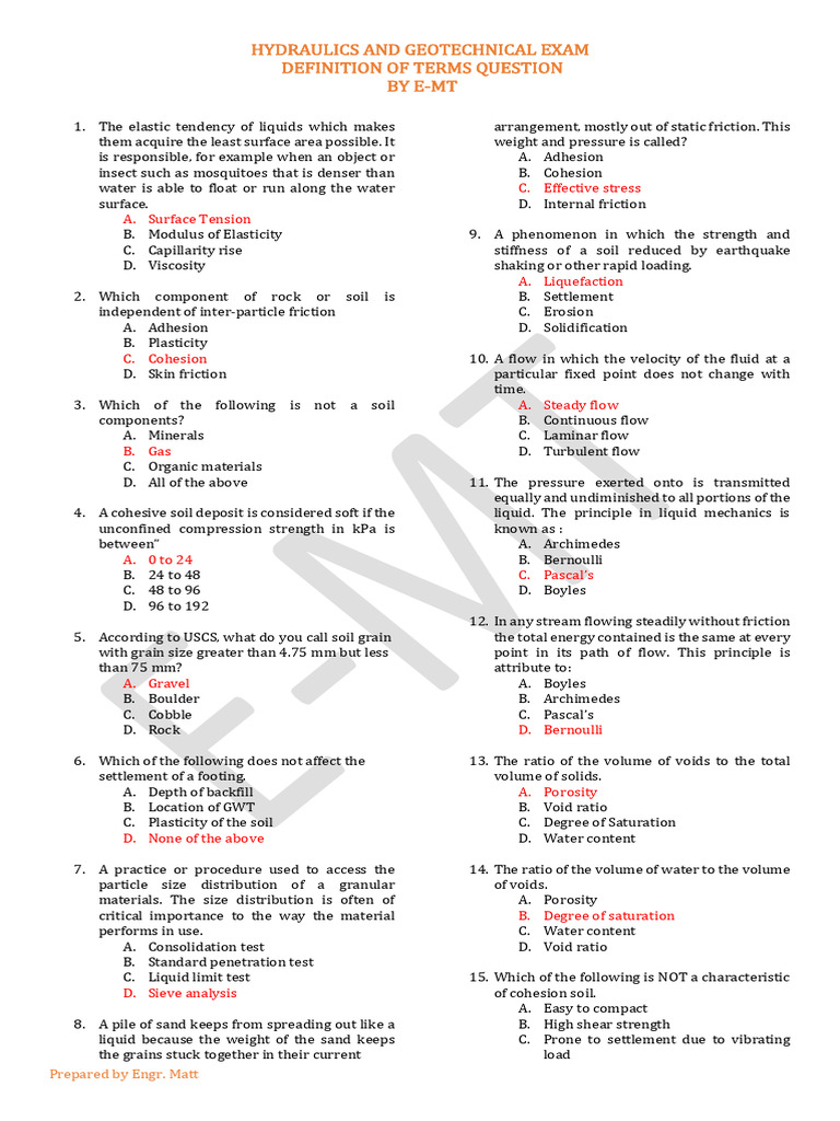 Hydraulics and Geotechnical Exam Definition of Terms Question by E-Mt ...