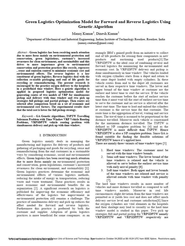 Green Logistics Optimization Model For Forward and Reverse Logistics ... Green Logistics Optimization Model For Forward and Reverse Logistics ...