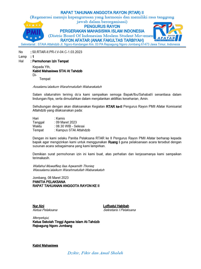 Izin Tempat Rapat Tahunan PMII | PDF