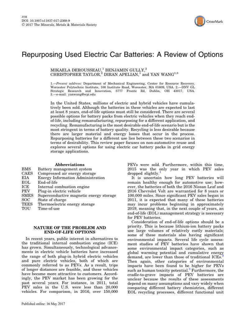 Derousseau2017 - Repurposing Used Electric Car Batteries A Review of ...
