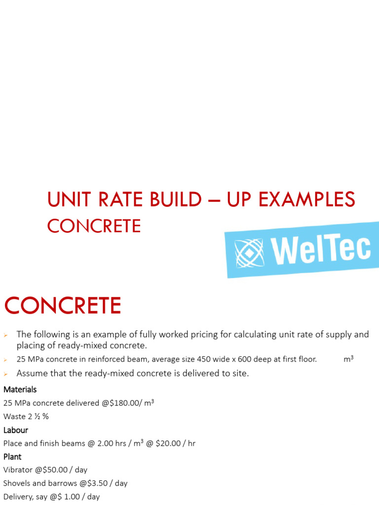 Unit Rate Calculation for Concrete | PDF | Concrete