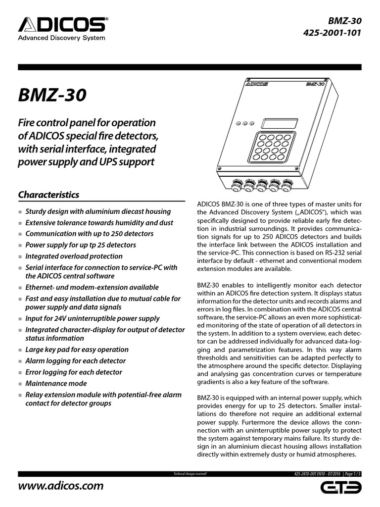 Adicos Control Panel BMZ 3 Specsheet | PDF | Power Supply | Mains ...