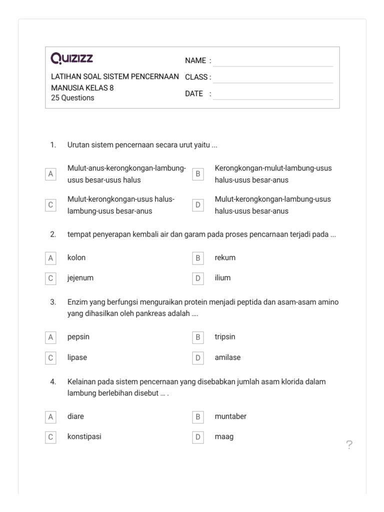 Latihan Soal Sistem Pencernaan Manusia Kelas 8 | PDF