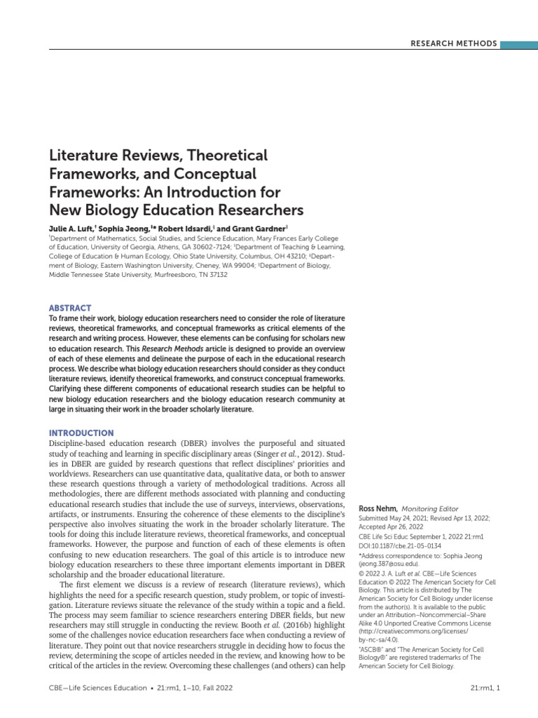 Luft Et Al 2022 Literature Reviews Theoretical Frameworks and Conceptual Frameworks An ...