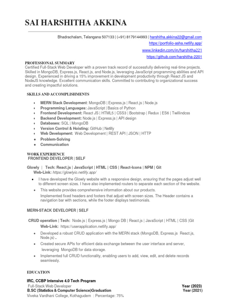 Harshitha Resume | Download Free PDF | World Wide Web | Internet & Web