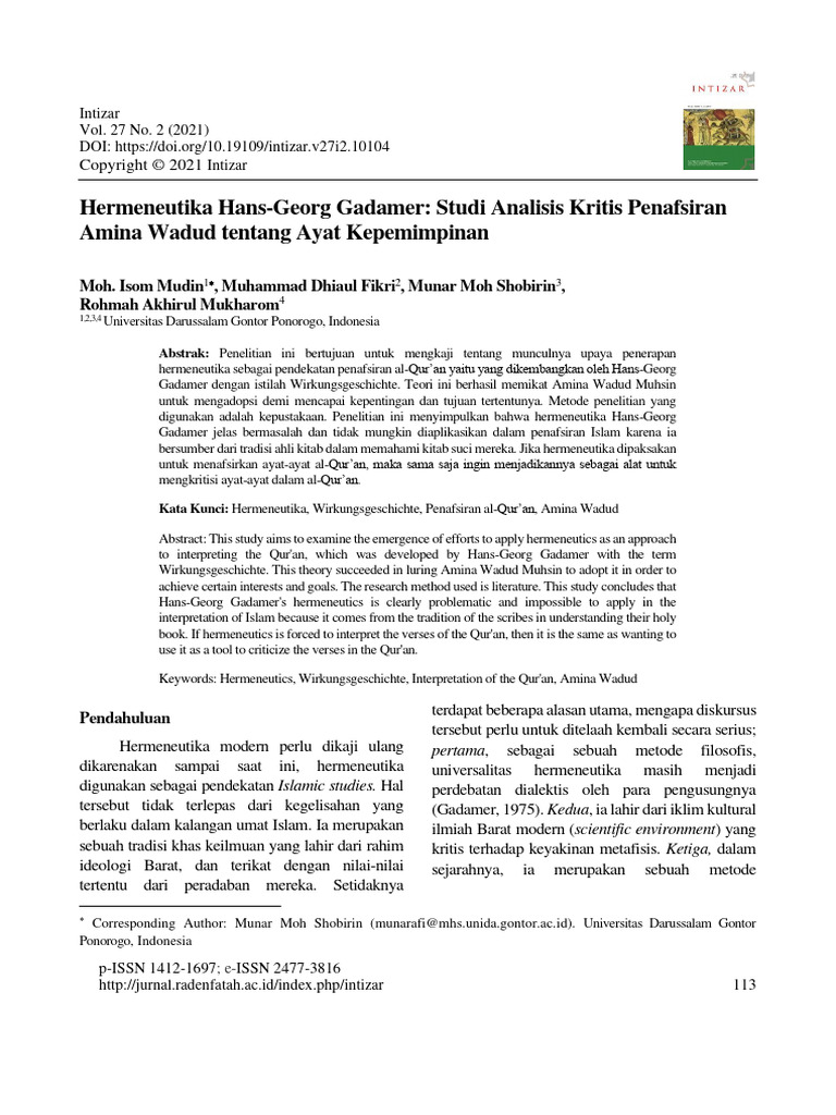 Hermeneutika Hans-Georg Gadamer: Studi Analisis Kritis Penafsiran Amina Wadud Tentang Ayat ...