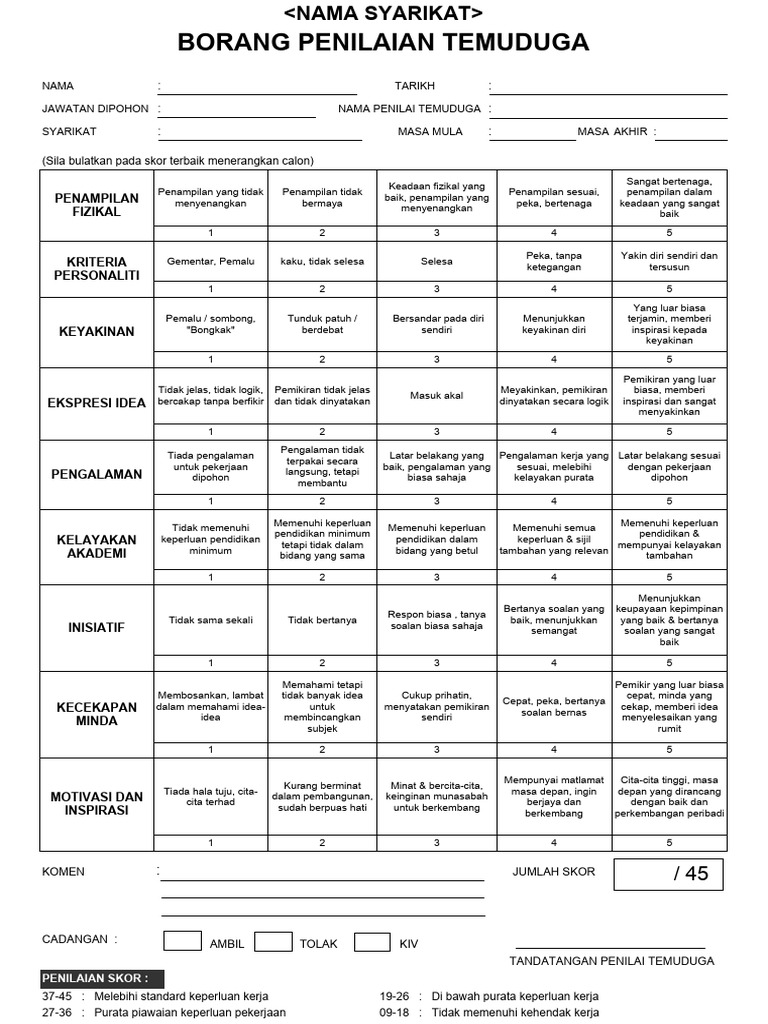 5 - Contoh Borang Penilaian Temuduga | PDF