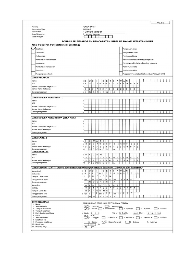 F-2.01 Formulir Pelaporan Pencatatan Sipil Di Dalam Wilayah Nkri | PDF