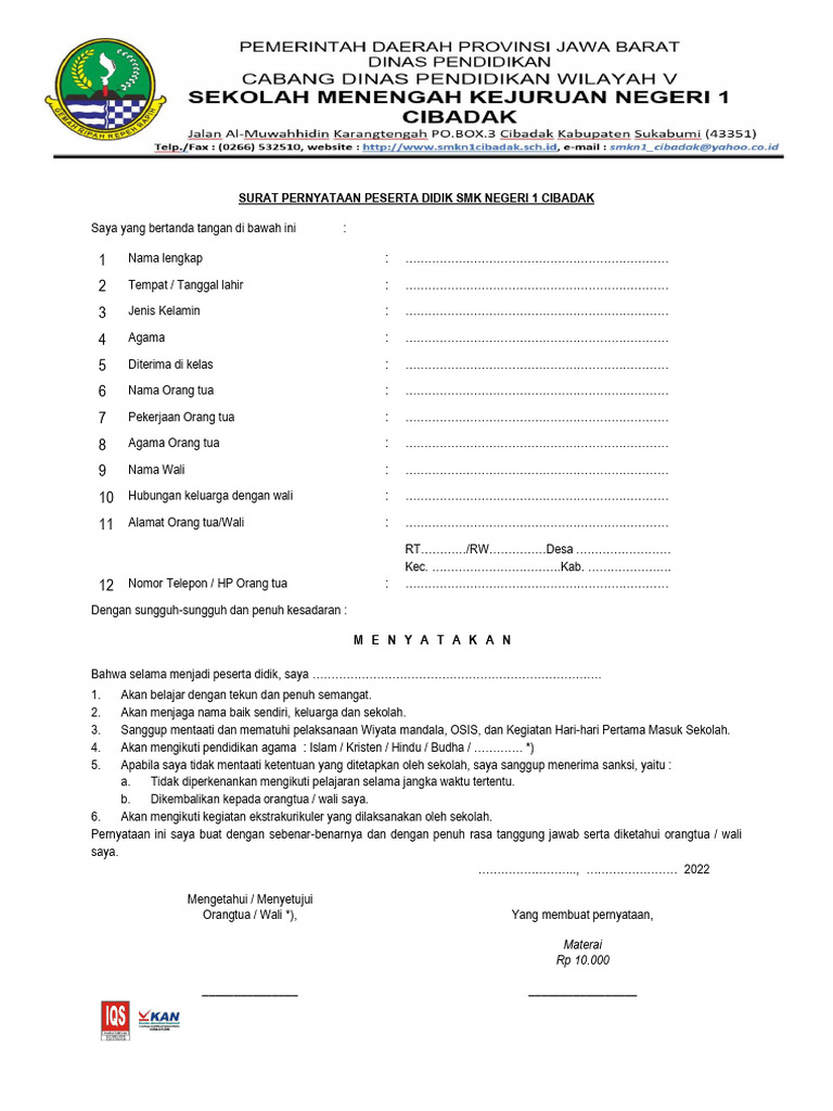 1 Surat Pernyataan Dan Biodata Siswa - PPDB SMKN 1 CBD 2022 | PDF