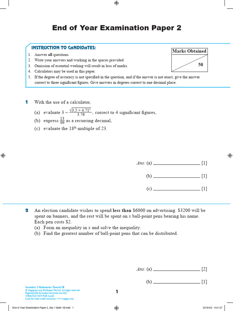 End of Year Examination Paper 2 - Sec 1 Math 1B | PDF | Significant ...