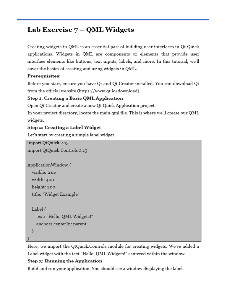 Lab Exercise 7 (QML Widgets) | PDF | Button (Computing) | Software Engineering