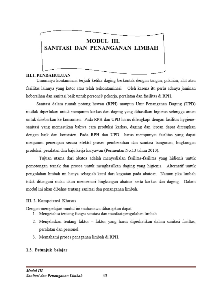 Modul Iii. Sanitasi Dan Penanganan Limbah Di RPH | PDF
