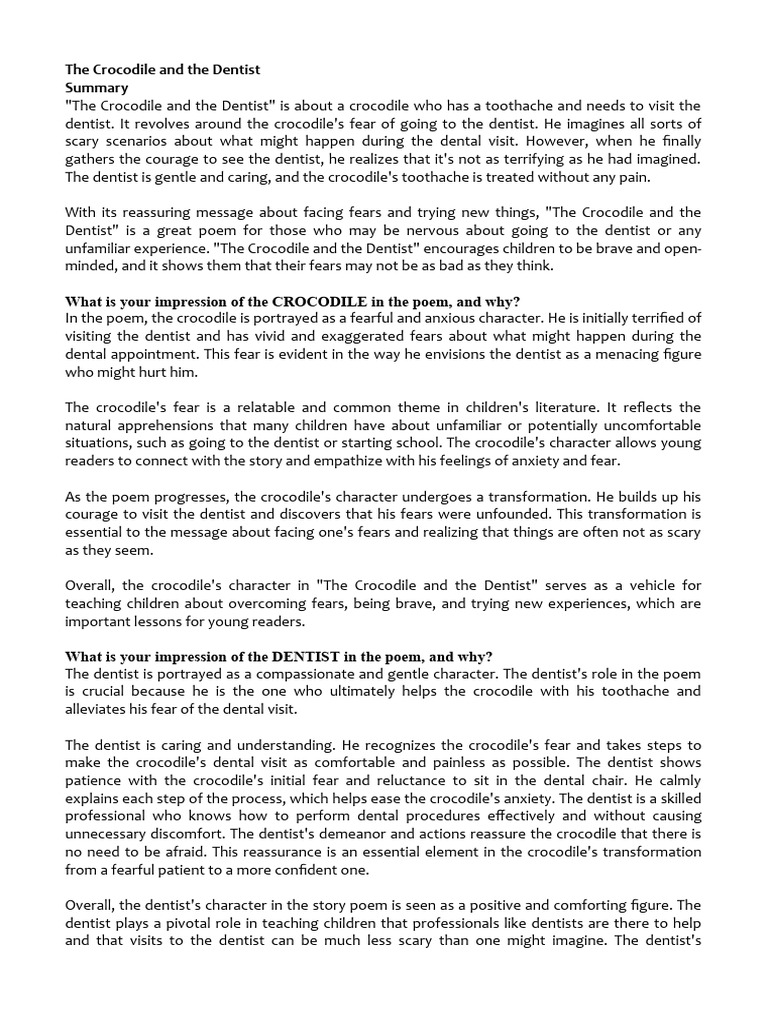 Crocodile's Toothache: A Poem Summary | PDF | Dentist | Anxiety