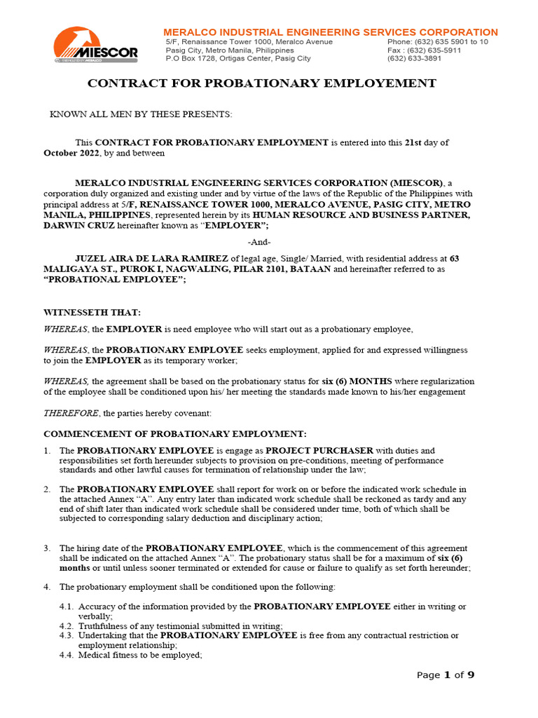 MIESCOR Probationary Employment Contract | PDF | Employment | Supply Chain