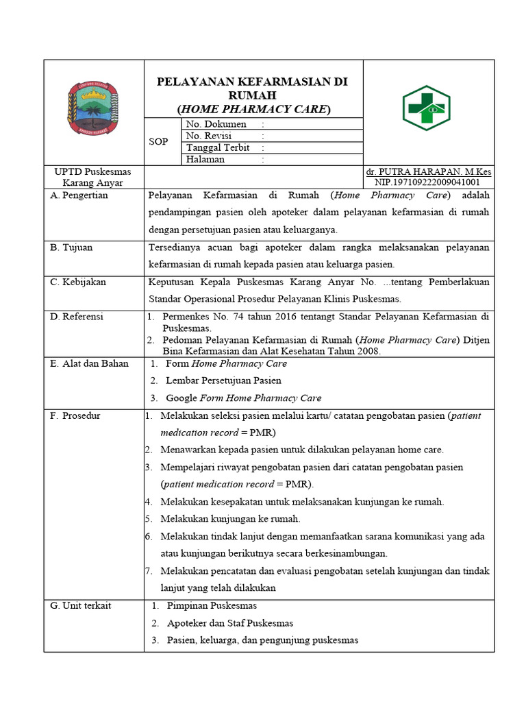 Sop Home Pharmacy Care | PDF