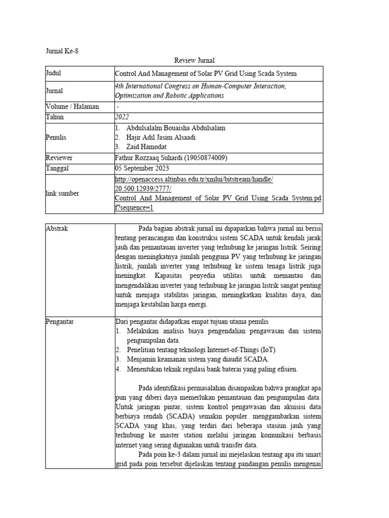Review Jurnal 8 Control And Management Of Solar Pv Grid Using Scada